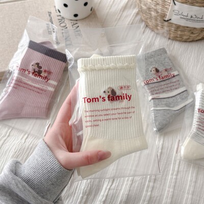 Tom's family字母印花女袜春季纯棉中筒袜堆堆袜无骨女袜
