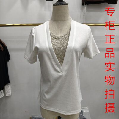 白色显瘦镶钻V领短袖T恤女新款