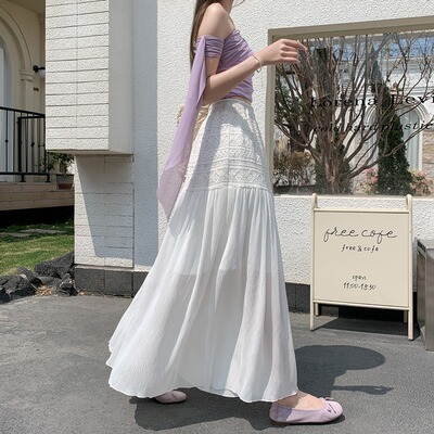 90CM伞裙法式A字雪纺蕾丝刺绣裙