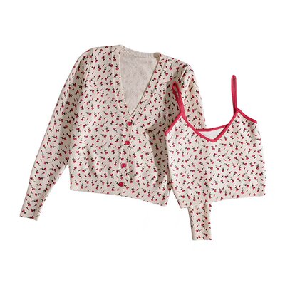 纯欲风针织长袖开衫玫瑰花朵印花吊带内搭外穿纯棉两件套女2021秋