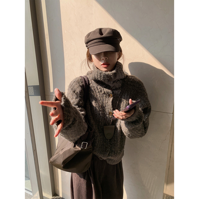 NanaByNana圈圈纱高领羊毛毛衣开衫女秋冬复古慵懒感立领针织外套