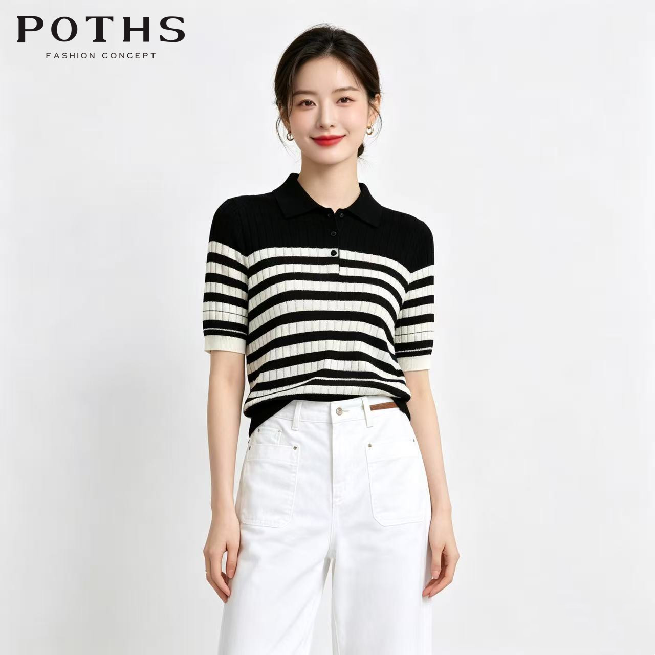 POTHS/铂玺2026轻熟简约条纹POLO领针织衫短袖薄撞色针织86206306