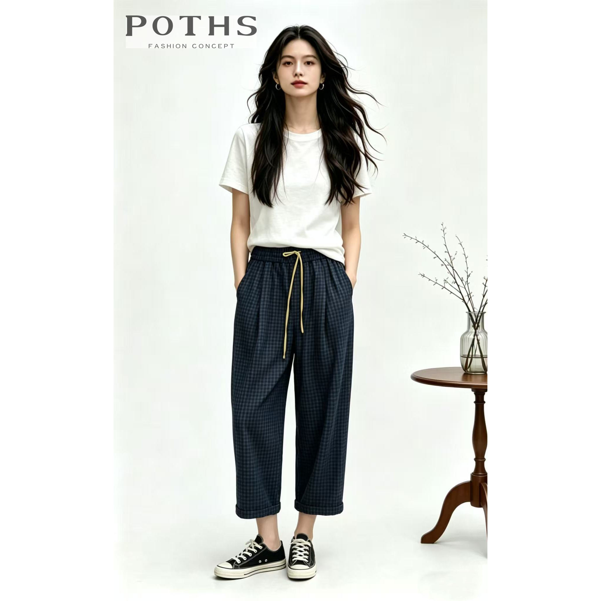 POTHS/铂玺裤子2026年夏新品高腰格子抽绳显瘦九分休闲裤86220028