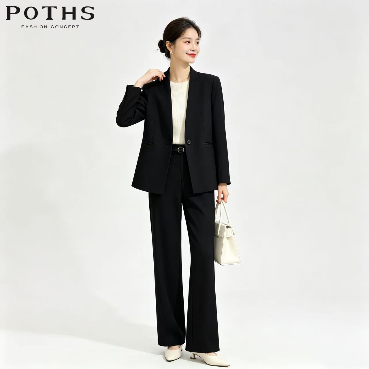 POTHS/铂玺2026秋西装职业阔腿裤两件套通勤极简商务套装86610026