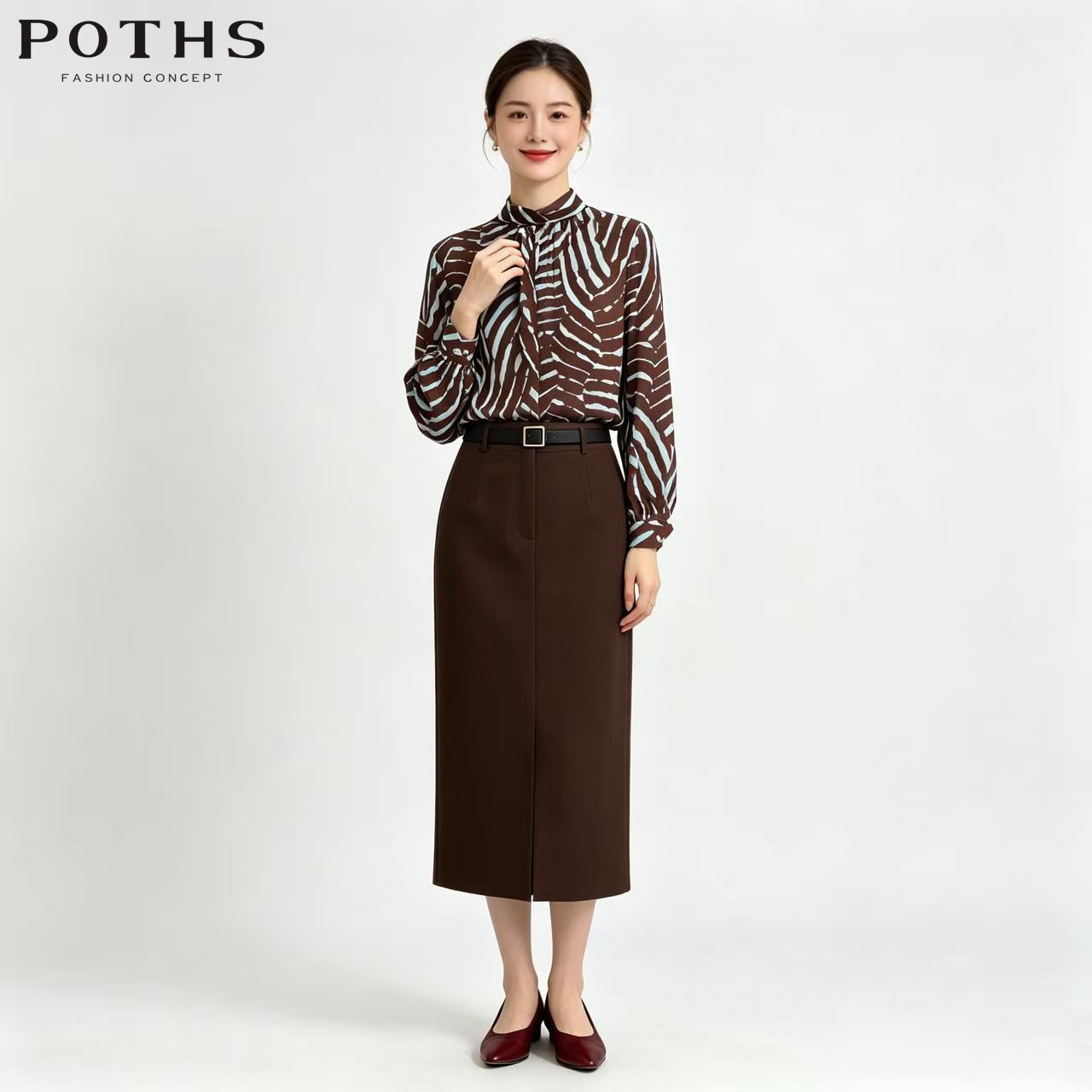 POTHS/铂玺2026秋通勤长袖系带领口气质职场条纹衬衫女86630056