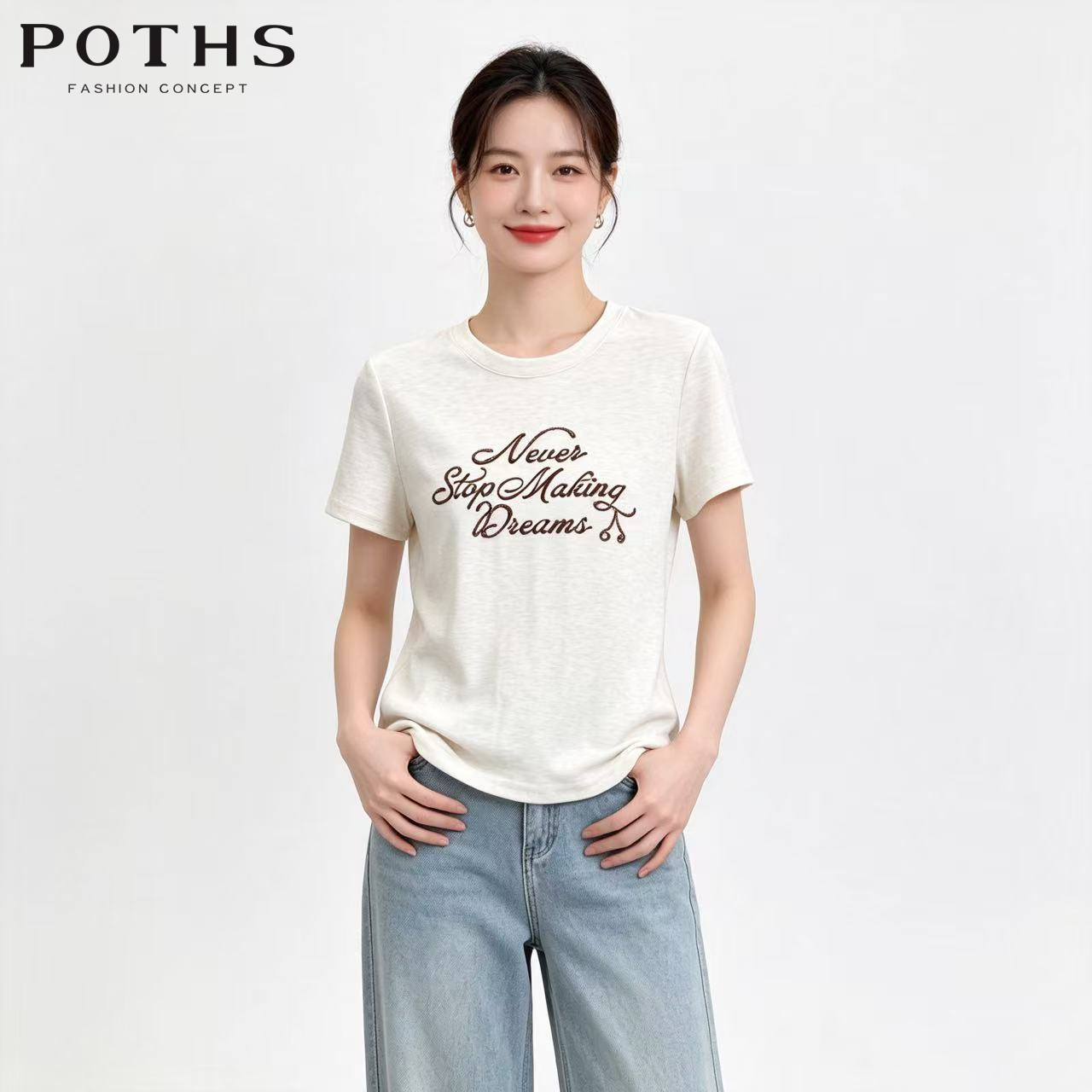 POTHS/铂玺2026秋季新款字母印花短袖T恤女宽松圆领上衣86660016