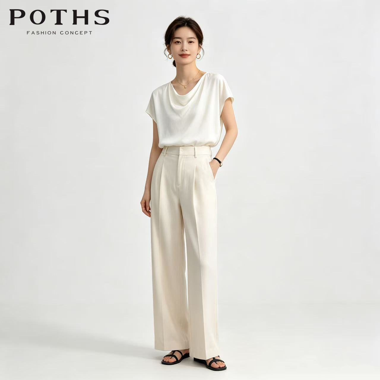 POTHS/铂玺2026简约荡领短袖女夏通勤百搭显瘦上衣老钱风86201056