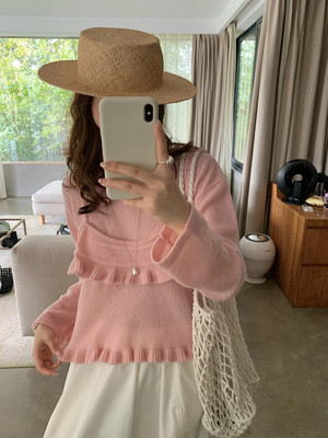 26早春新款韩版uupost粉色木耳边羊毛针织衫配吊带背心两件套毛衣