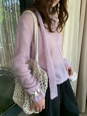 26春夏新韩版uupost领子系带飘带紫色马海毛针织衫女温柔毛衣上衣