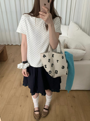 26春夏新韩版one mirror甜美圆领波点印花短袖T恤女百搭TEE配发圈