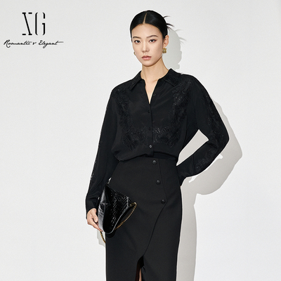 xg雪歌桑蚕丝高级感衬衫2024冬新款气质典雅女衬衣XJ421019A390