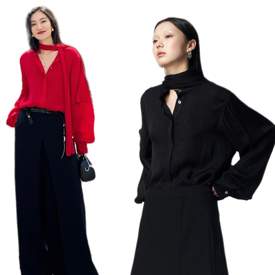 美国设计师CORA&WYNN蛇纹暗纹飘带黑色衬衫衬衣上衣