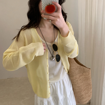 Find Time-26年早春韩系简约V领无缝一体亚麻针织开衫L70137