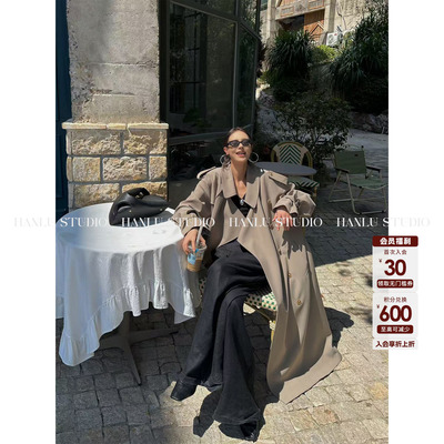 HanLu studio品牌线·高质感row风军绿色大A摆阔型大翻领风衣外套