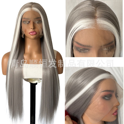 跨境假发女长发前蕾丝13*4灰白色长直发合成纤维哑光高温丝全头套
