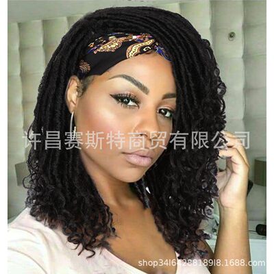 跨境假发非洲筒曲小卷headband Dreadlock Wig脏辫卷尾头巾头套