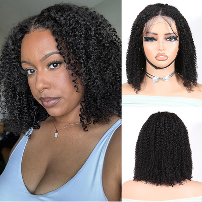 Bob Afro Kinky Curly 4x4 Lace Closure Wigs Human Hair真人发