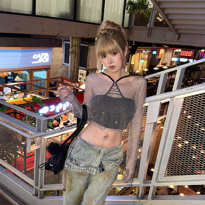 初代美希MEYSIKIM 满天星烫钻镂空网洞搭配单品罩衫长袖T恤MD1365