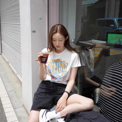 现～ 韩国设计师ra*ve车静媛同款做旧字母印花短袖韩系女装复古T
