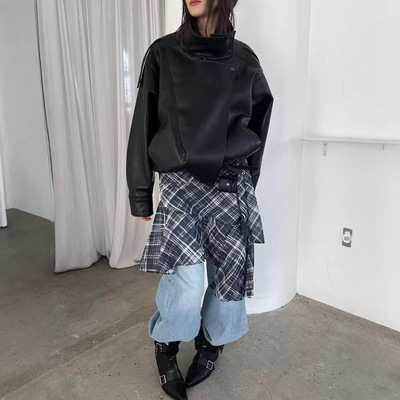 早秋～现H复古立领大翻领荔枝纹按扣皮衣外套26女宽松休闲夹克