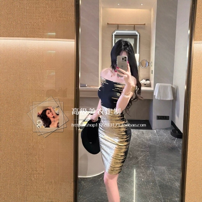 高级感一字肩紧身包臀绷带裙礼服