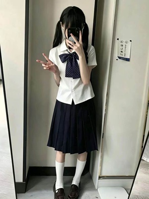 原创正版jk制服日系基础白色短袖衬衫搭配绀色中裙小个子夏季套装