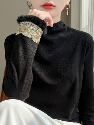 新中式刺绣长袖半高领衬衫加绒加厚提花长袖黑色国风内搭洋气上衣