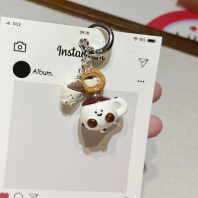 原创手绘珠可爱卡通咖啡杯手机链JC风钥匙扣书包耳机挂件拉链扣