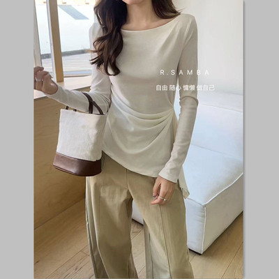 韩系一字领褶皱显瘦长袖T恤