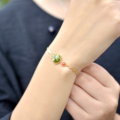 S925银镶嵌和田玉珐琅彩荷花葫芦手链18105#