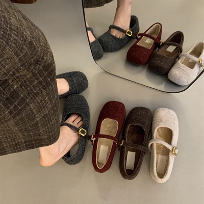 毛毛鞋女秋冬外穿新款法式复古仙女风圆头玛丽珍单鞋加绒平底棉鞋