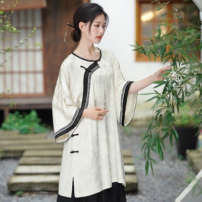 清汉女斜襟女中长款宽松显瘦长衫