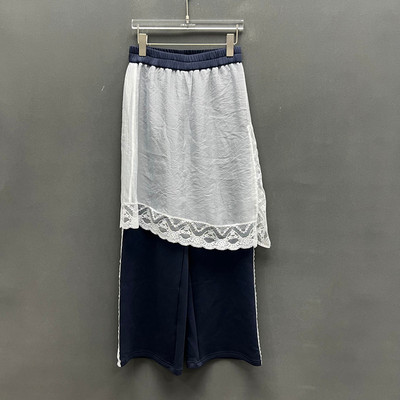 春季蕾丝拼接假两件松紧腰直筒裤