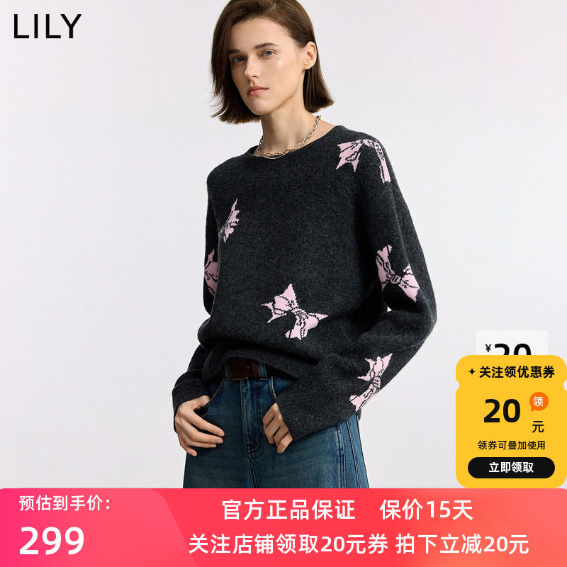 LILY2026秋新款撞色蝴蝶结提花休闲通勤深色圆领套头针织衫毛衣女