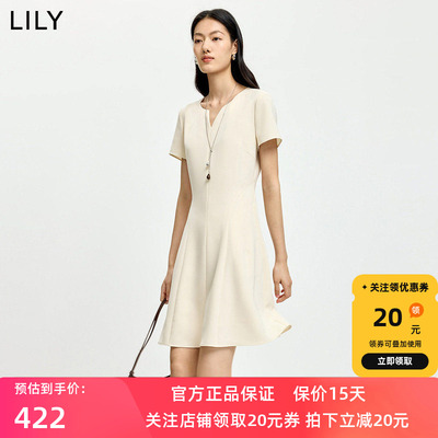 LILY2026夏新款女装简约纯色圆领V领收腰休闲通勤修身短袖连衣裙