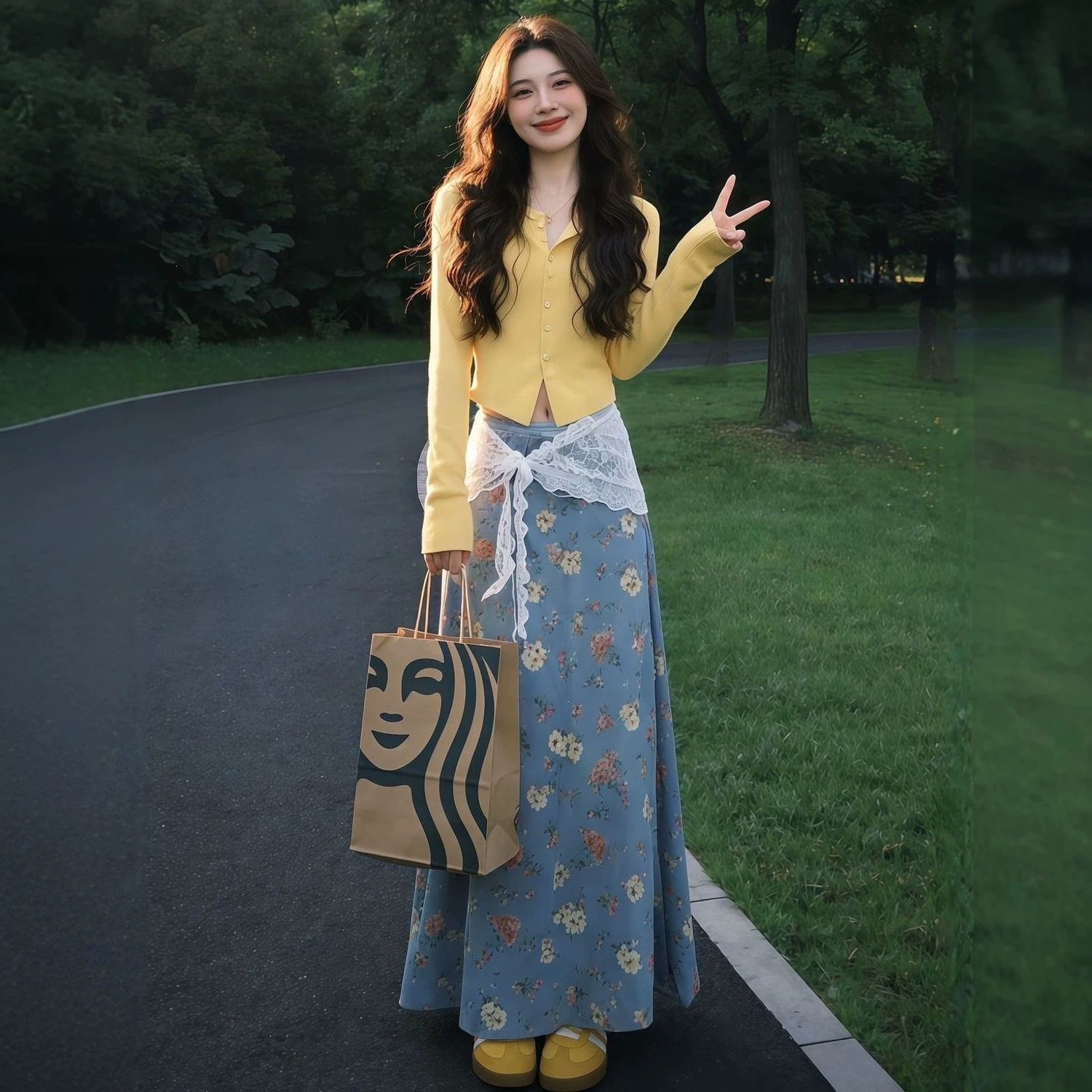 韩系巨好看穿搭一整套装女2026早秋漂亮长裙黄色针织碎花半身裙子