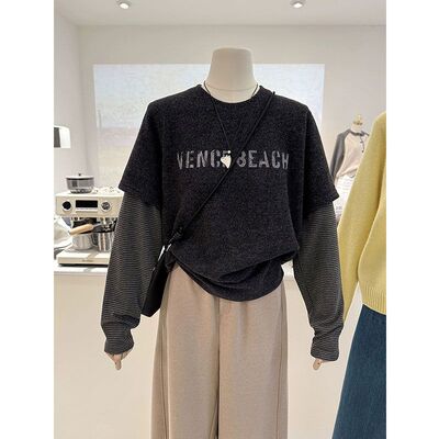 加厚磨毛假两件长袖t恤衫女秋冬