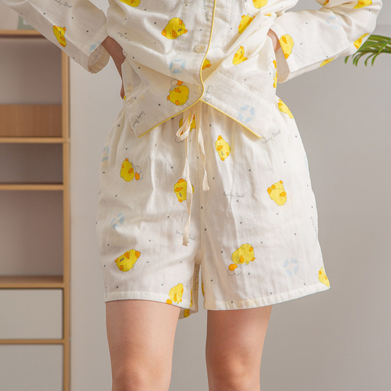 女士睡裤夏季新款薄款全棉双层纱布短裤家居裤纯棉甜美印花可外穿