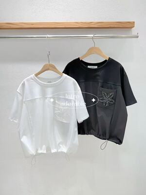 韩国东大门2026夏季新款INTRO拼接印花口袋下摆抽绳百搭短袖T恤