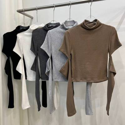 韩国东大门2026春新品BILLION-L修身设计半领破洞上衣T恤