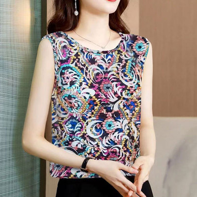 夏季印花冰丝圆领背心上衣减龄气质新款薄款碎花韩版无袖显瘦大码