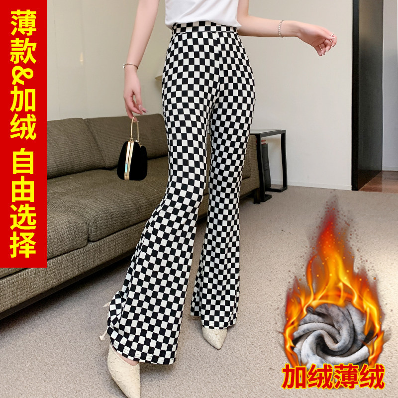 女裤新款格子加绒喇叭裤薄绒2026保暖一体绒显瘦长裤豹纹瑜伽裤