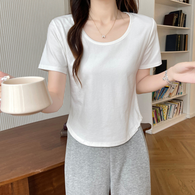 纯棉短袖t恤女夏季纯色初中高中学生设计感弧形不规则下摆打底衫