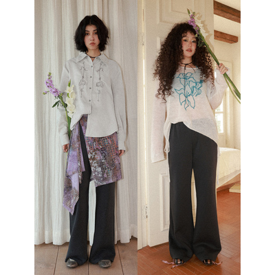 真两件印花屁帘系带喇叭裤