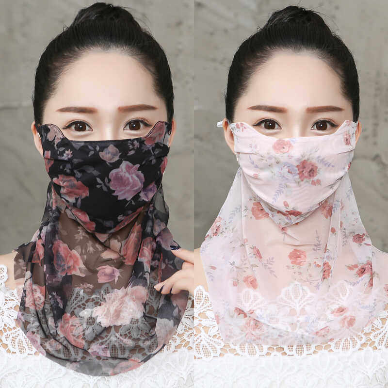 夏季遮脸护颈脖子面罩挂耳脸罩雅致蕾丝面纱女薄全脸防晒口罩网纱
