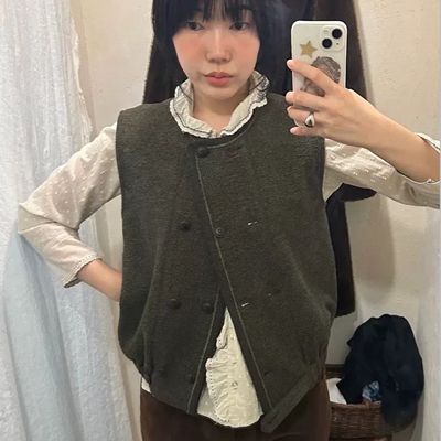韩国代购双排扣圆领无袖马甲