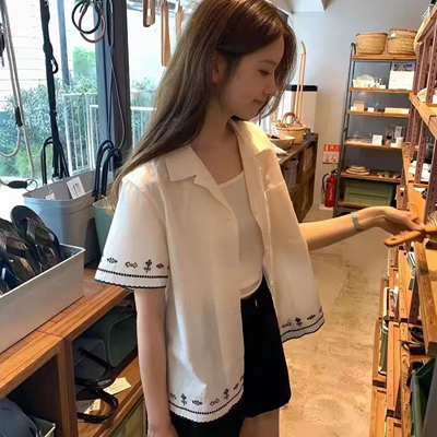 韩国代购百搭翻领系扣短袖衬衫
