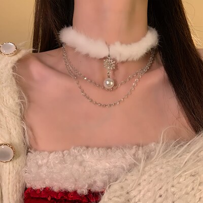 HEY TAO精致雪花珍珠白色毛绒choker项链女款秋冬气质毛衣链颈链