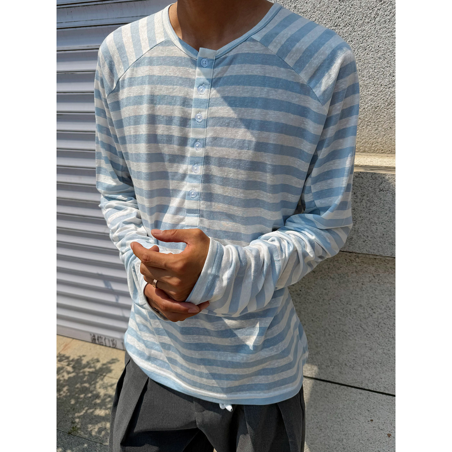 BurnBro老钱风慵懒松弛感亨利领条纹长袖T恤男女轻薄透气防晒罩衫