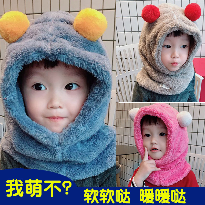 冬季可爱儿童加绒帽子围脖一体男女童加厚保暖护耳帽宝宝套头帽